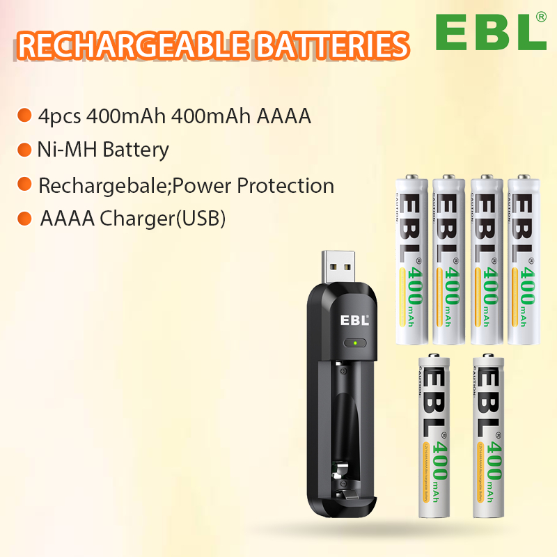 EBL 4pcs 400mAh Ni-MH 1.2V AAAA Rechargeable Battery with AAAA Charger ...