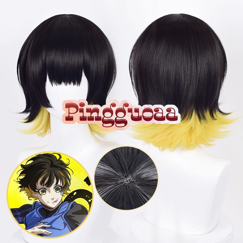 Anime BLUE LOCK Bachira Meguru Cosplay Wig 36cm Short Black Yellow Heat ...
