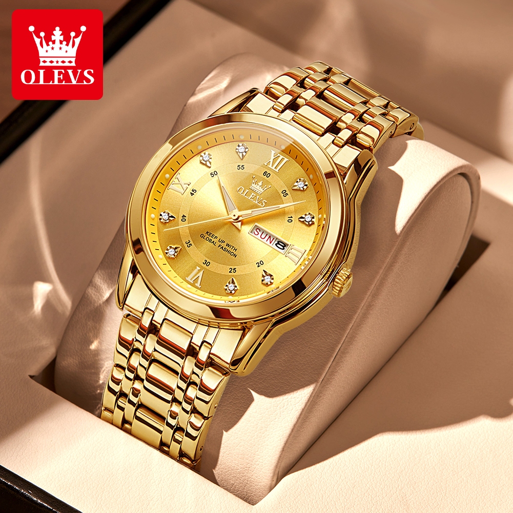 OLEVS Watch For Men Waterproof Quartz Stainless Steel Luminous Gold ...
