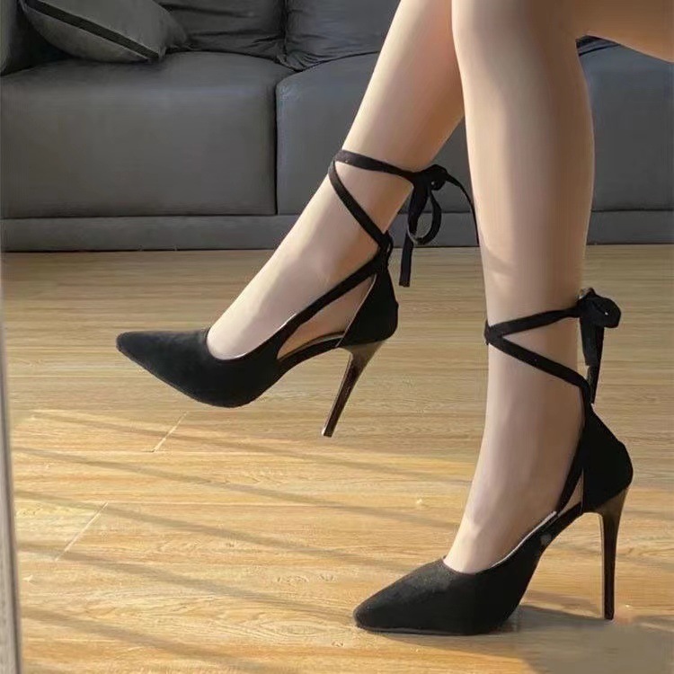 Design sense of black oversized high heels 2024 new sexy cross tie ...