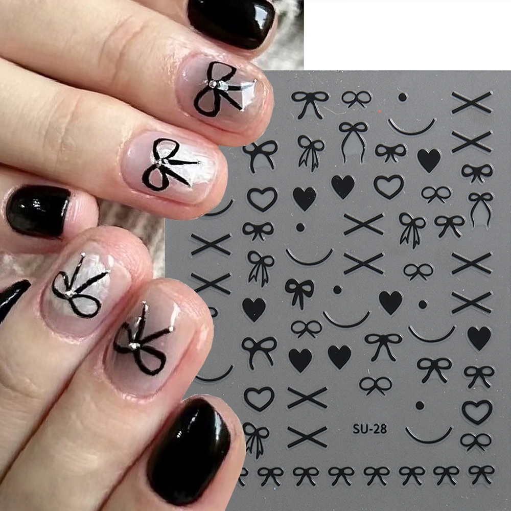 3D Black Ribbons Nail Art Sticker Red Pink Bowknot Stars Nail Decals ...