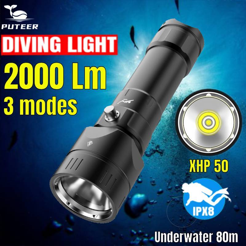 Puteer DV55 Diving Flashlight Waterproof for Diving Underwater Diver ...