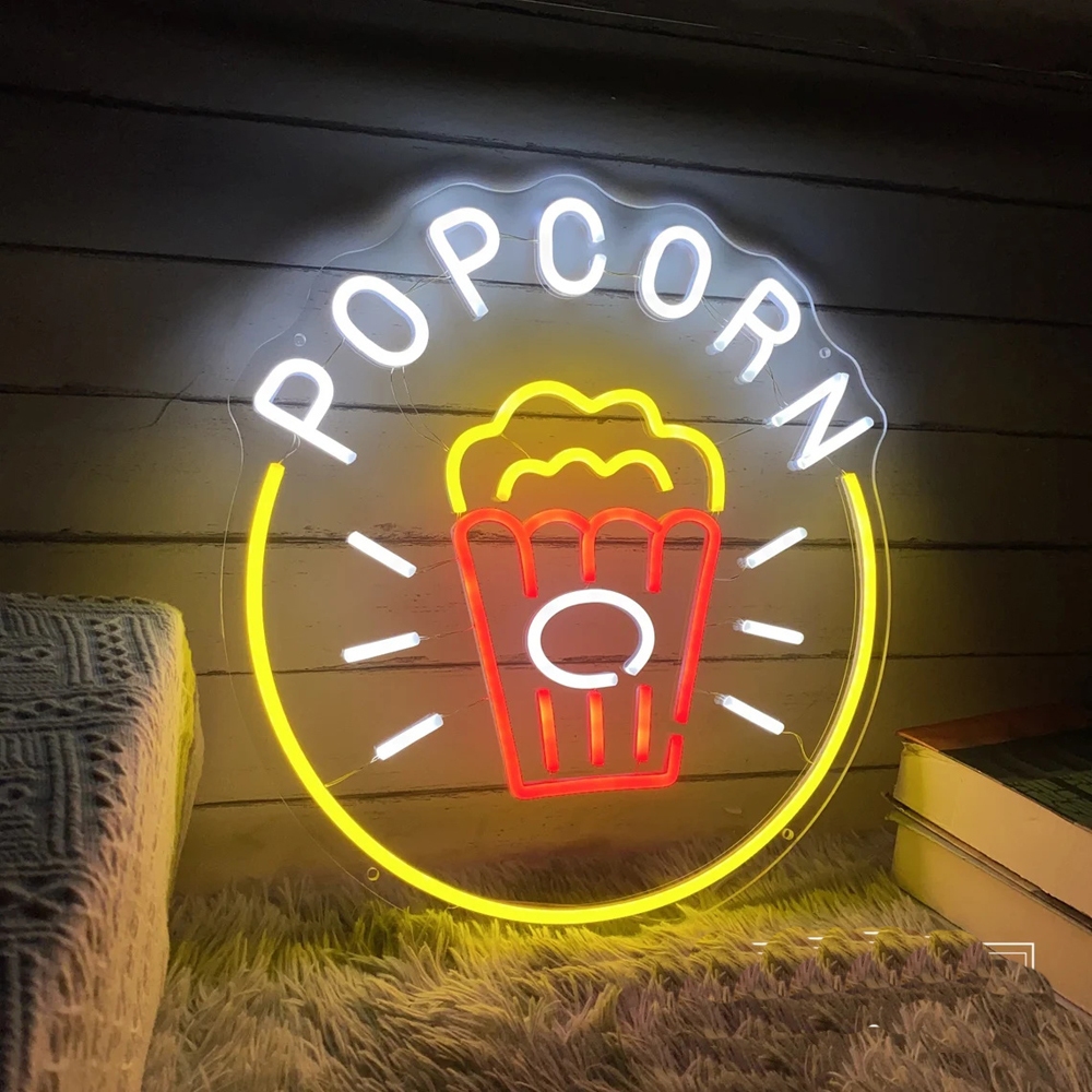 Popcorn Neon Sign, Custom Food Bar LED Neon Light Movie Theater Film ...