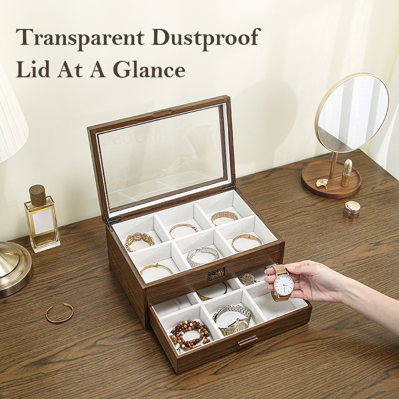 CASEGRACE Large Wooden Jewelry Box with Clear Lid Double Layer Drawer ...