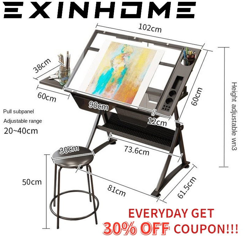 EXINHOME Drafting glass table with extra side drawers | Shopee Philippines