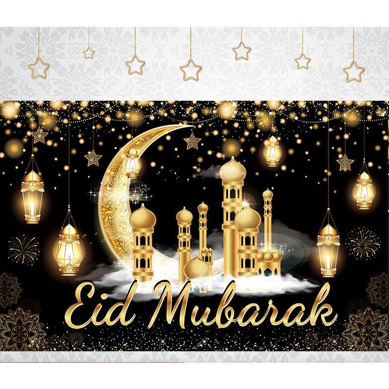 5x3ft Eid Mubarak Castle Photography Backdrop Black Gold Ramadan Kareem ...