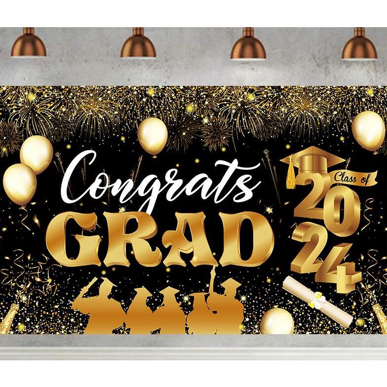 7x5ft Fireworks Black Gold 2024 Graduation Photography Backdrop Season ...