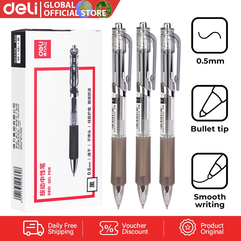 Deli Ballpen Black Press Gel Bullet Writing Pen 0.5mm S801 1Pc | Shopee ...