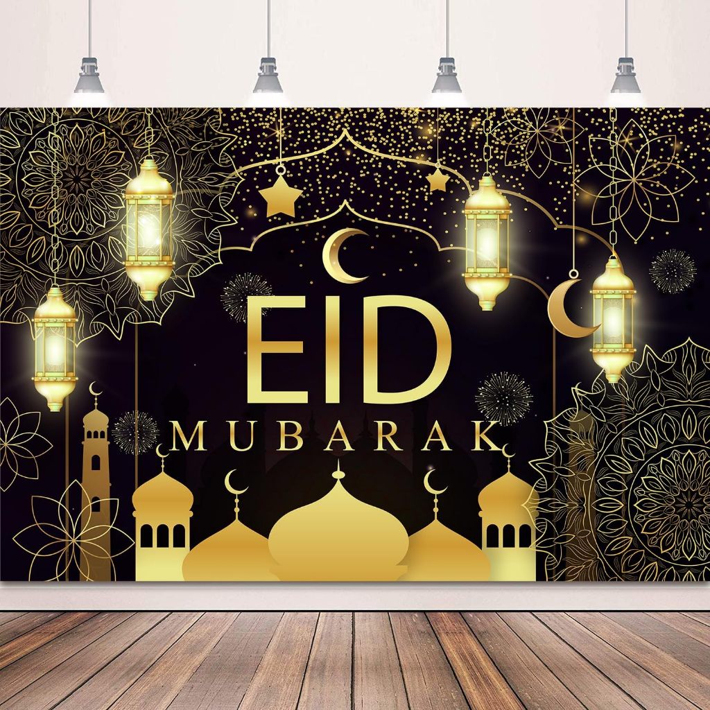 5x3ft Polyester Fabric Eid Mubarak Decorations Backdrop Black Eid ...