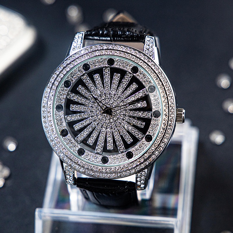 Starry Sky Rotating Dial Watch with Full Diamond Dial and Leather Strap ...