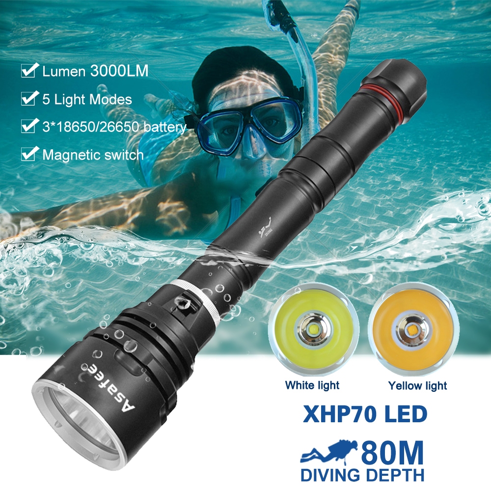 Super Bright XHP70 Professional Diving torch 18650 26650 Battery 3000LM ...