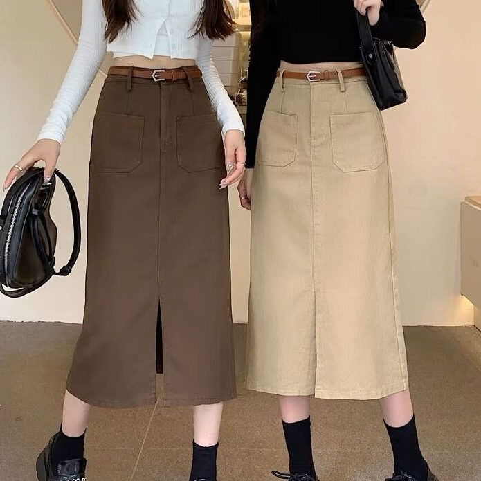 Korean Style Skirt With Slit Palda Denim Long Skirt High Waist Fat ...