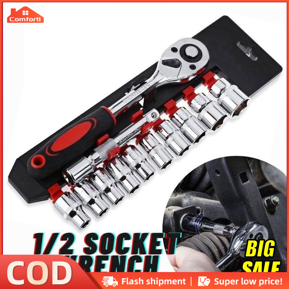 12PCS 1/2 1/4 inch Drive Ratchet Wrench CR-V Socket Kits Mechanic ...
