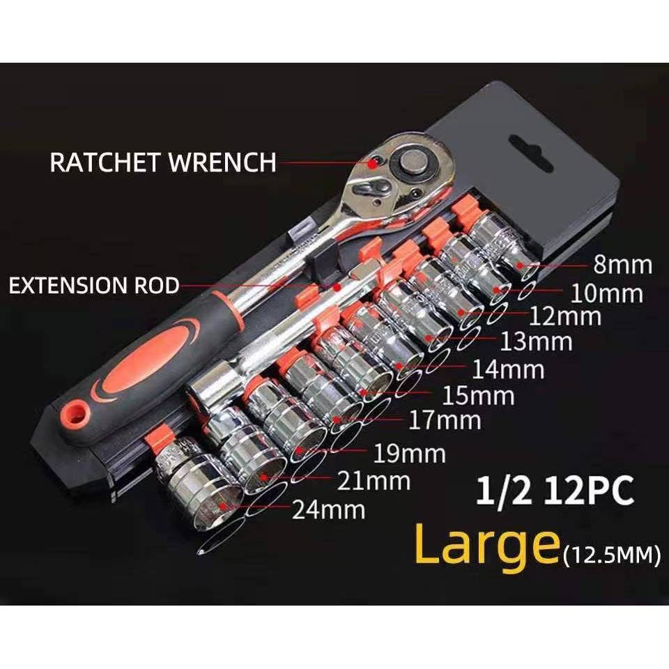 12PCS 1/2 1/4 inch Drive Ratchet Wrench CR-V Socket Kits Mechanic ...