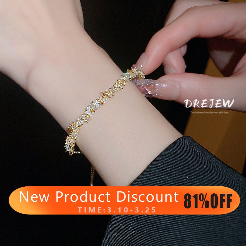 DREJEW 18K gold pearl inlaid diamond zircon splicing bracelet Korean ...