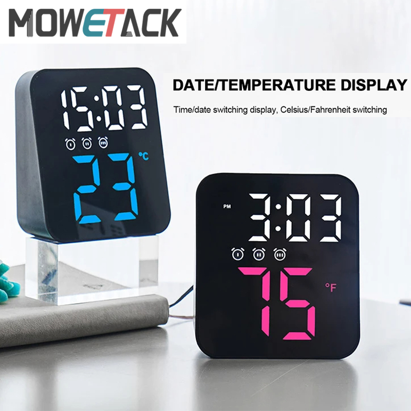 Square LED Digital Alarm Clock Temperature Time Date Display Wall Clock ...