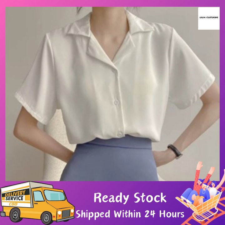 Lilia Womens Summer Polo Blouse Korean Style Short Sleeve Chiffon