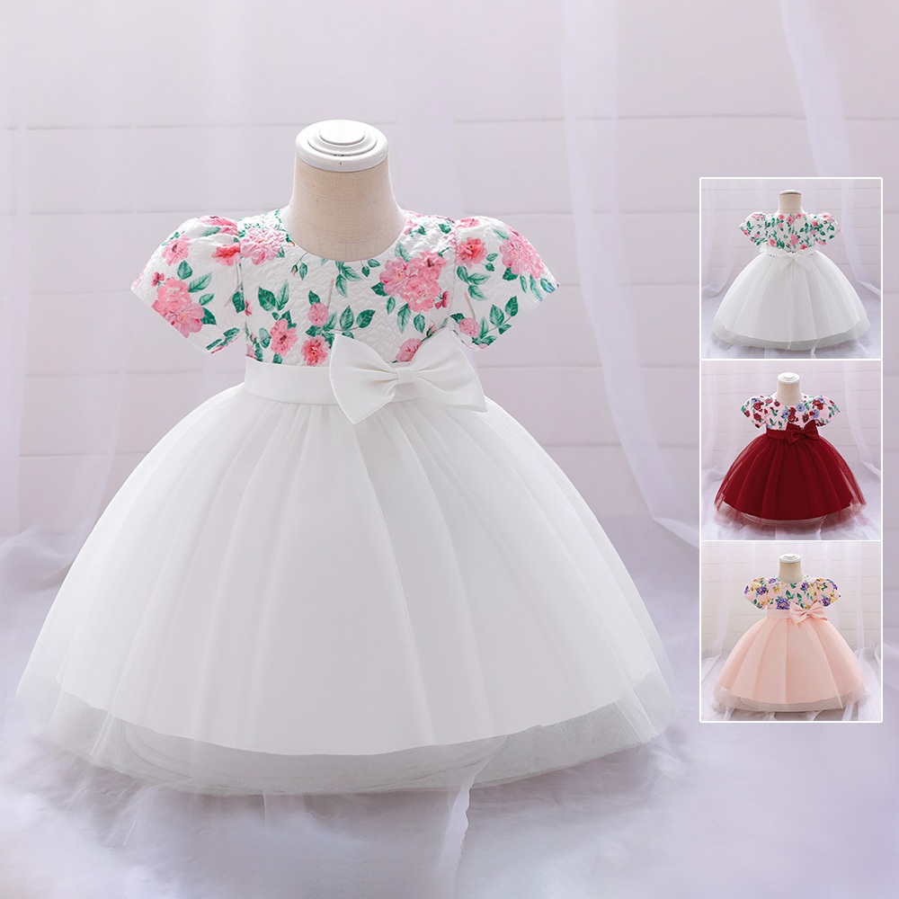 Baby Girls Dresses 3D Printed Bow Tops Splicing Ruffled Tulle Princess Birthday Dress One Piece ...