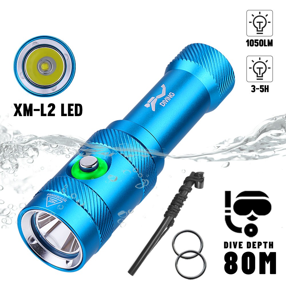 Diving Flashlight L2 LED 1050LM Underwater Deep Dive 80M 18650 Battery ...