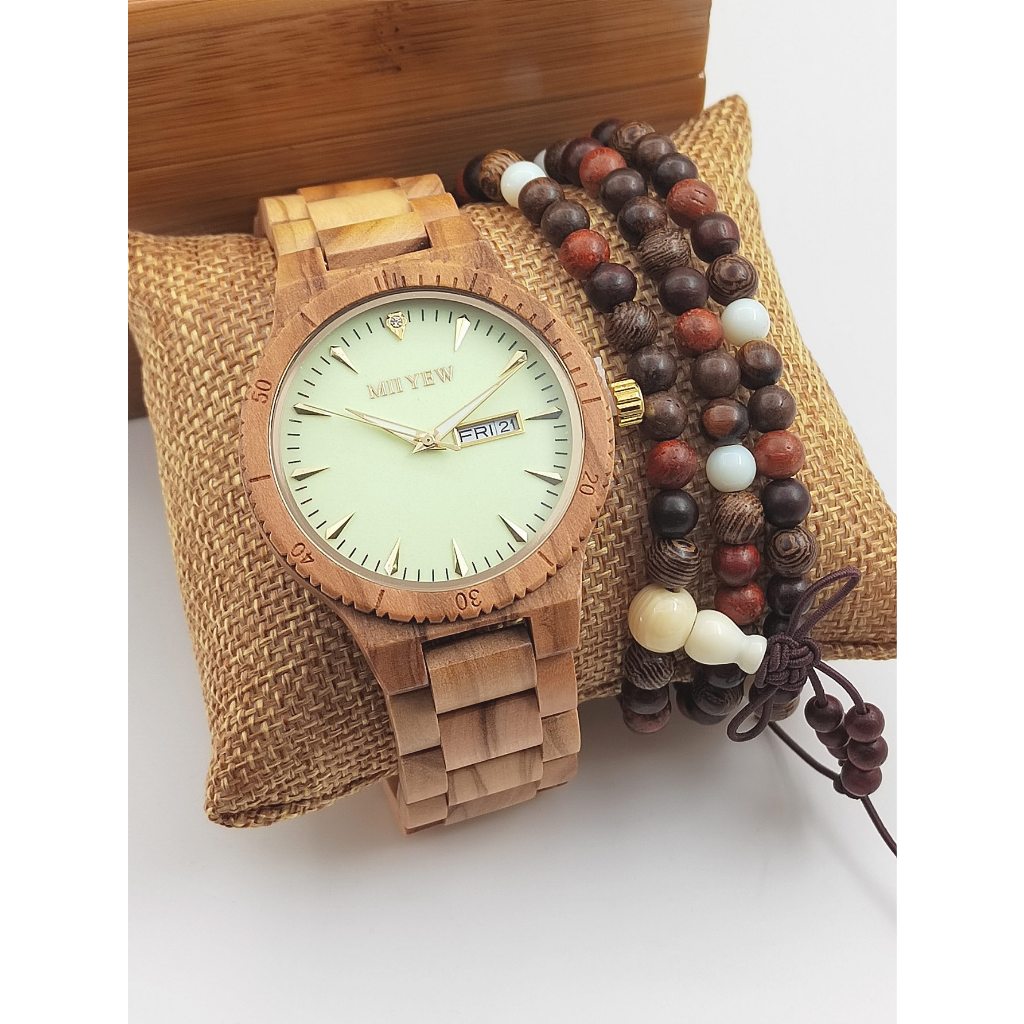1 PC Casual Minimalist Men's Wooden Watch Calendar Day Round Quartz ...