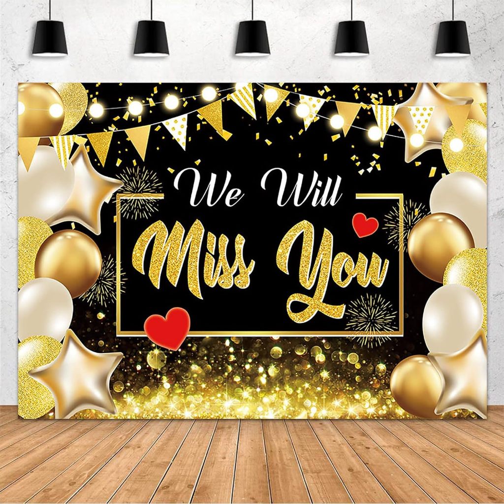 7x5ft We Will Miss You Party Photography Backdrop Black Gold Going Away Party Decorations ...