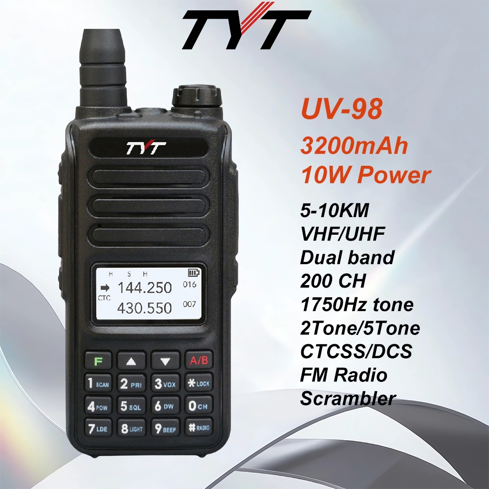 TYT TH-UV 98 Walkie Talkie 10W 3200 mAh 200CH VHF/UHF Dual Band Two Way Radio and Scrambler ...