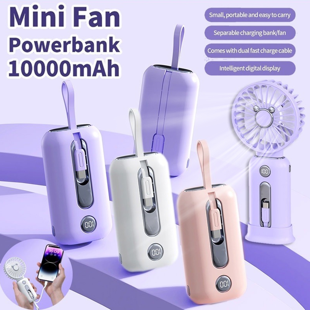 2 in 1 Handheld Fan Powerbank Detachable power bank mobile fan 2 Cables ...