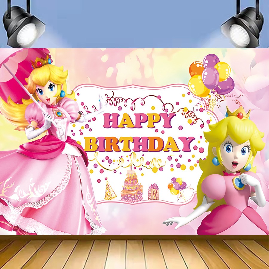 Princess Peach Birthday Decoration Backdrop Pink Super Mario Theme Girl ...