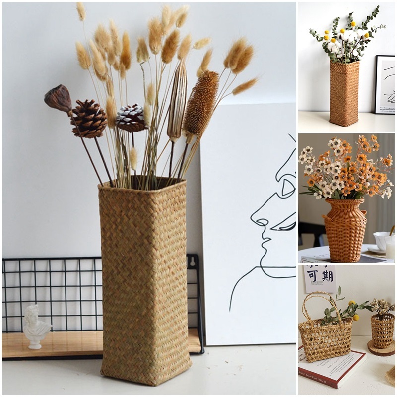 Nordic Rattan Flower Vase Seaweed Woven Flower Basket Nordic Vase ...