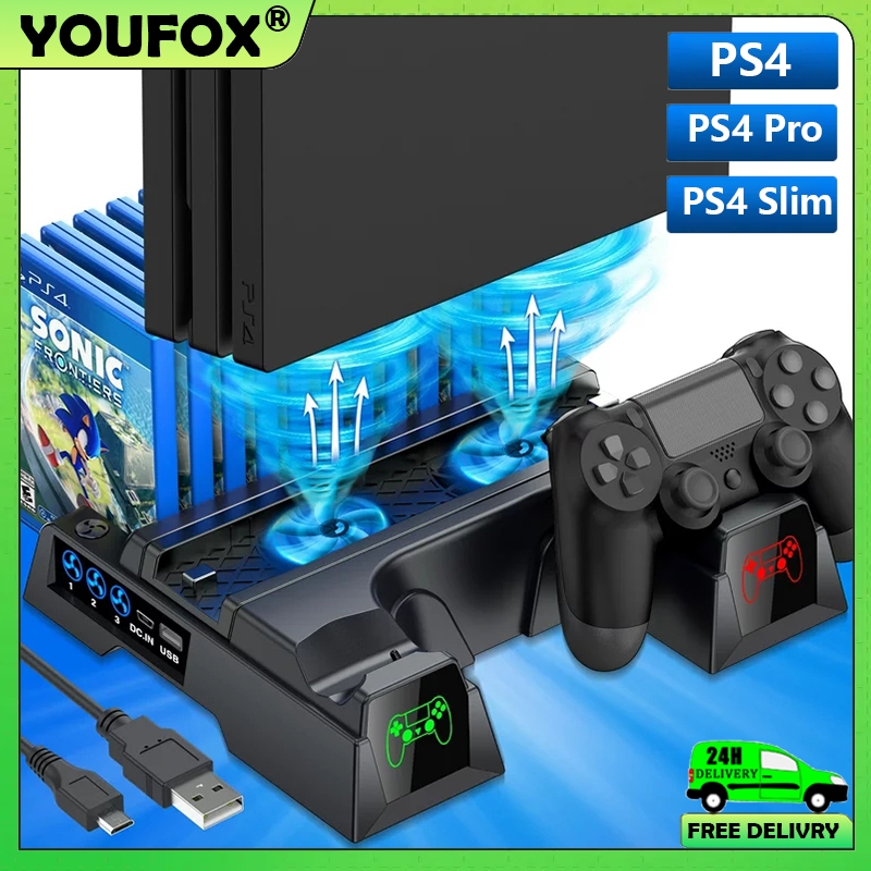 PS4/PS4 Pro/PS4 Slim Console Vertical Cooling Stand LED Dual Charger ...
