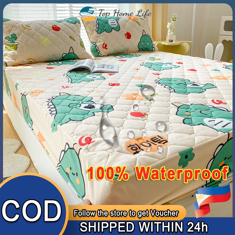 100% Waterproof Mattress Protector Quilted Cotton Cartoon Bed Sheet Anti-Slip Fitted Mattress ...