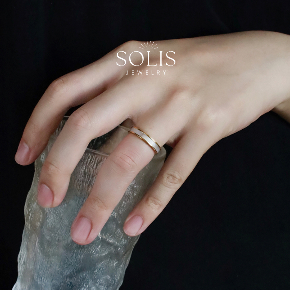 18K Gold Waterproof Natural Pearl Shell Embeded Ring • Tarnish Resist ...