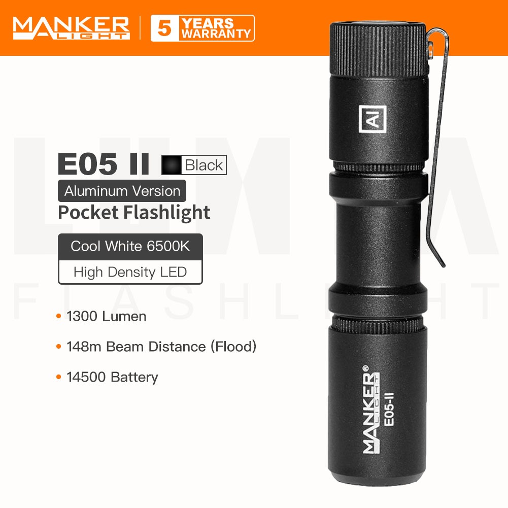 MANKER E05 II (Aluminum Version, Black, Cool White 6500K) Rechargeable ...