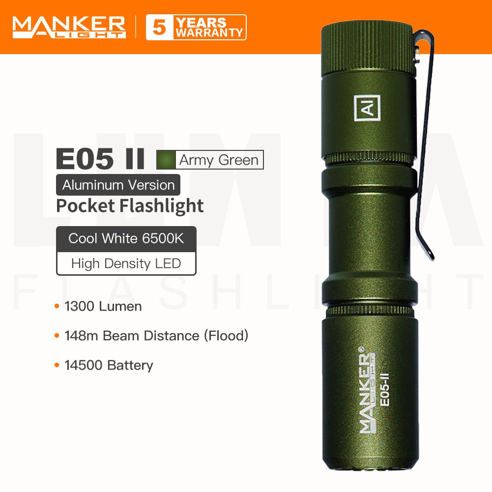 MANKER E05 II (Aluminum Version, Army Green, Cool White 6500K ...