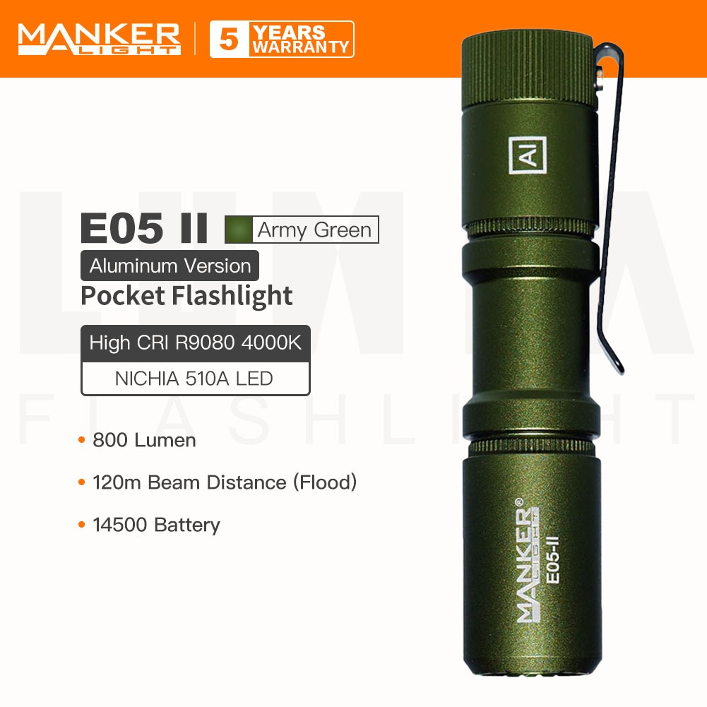 MANKER E05 II (Aluminum Version, Army Green, High CRI R9080 4000K ...