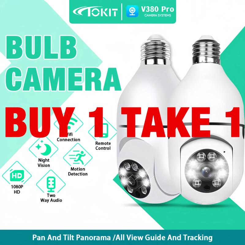 TOKIT Buy 1 Take 1 V380 Pro Bulb Camera Night Vision 360° Panoramic Auto Tracking CCTV Security ...