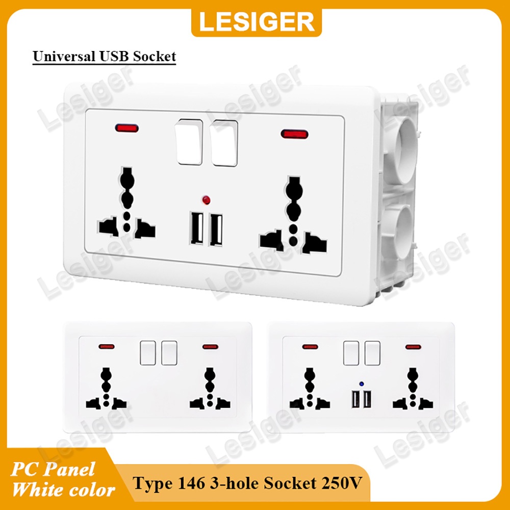 Universal Wall Socket With Switch Type 146 Dual 3 Hole White PC Panel ...
