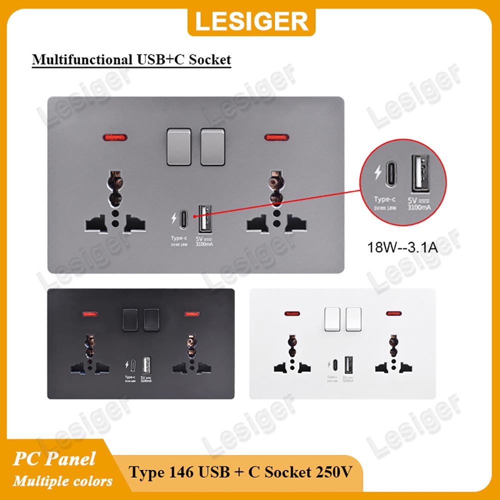 Electrical socket wall mounted with USB and type-c fast charging 18W 3 ...