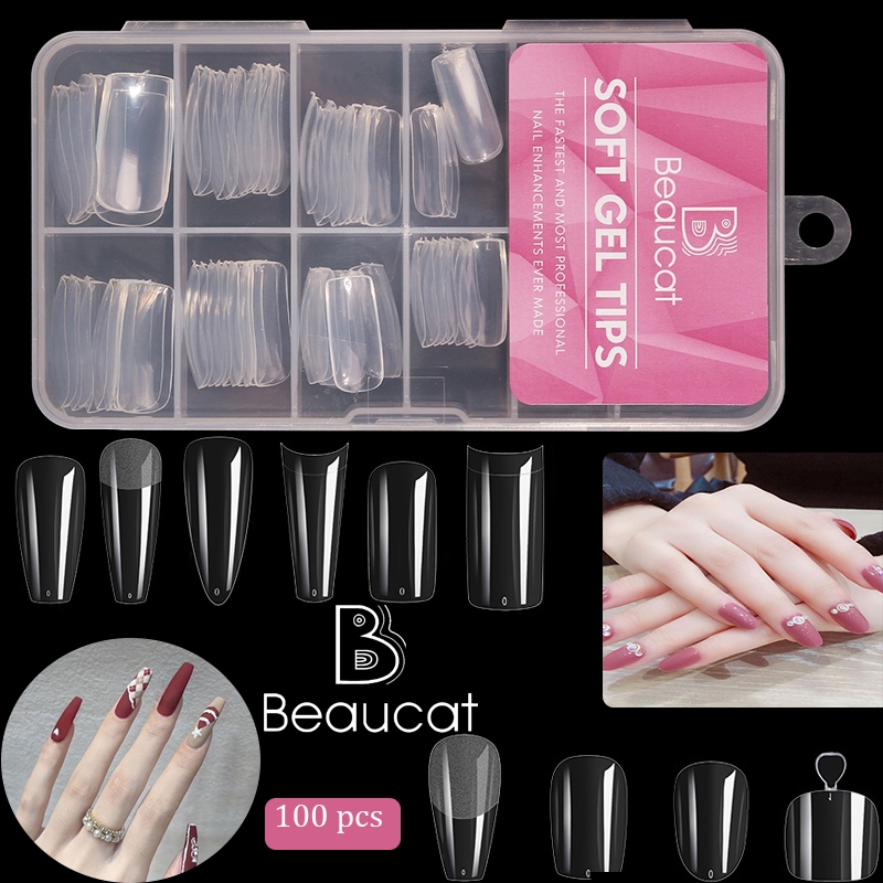 Beaucat 100 Pcs Set Nail Tips Kit Nail Extensions Clear Gelly Tips Soft ...