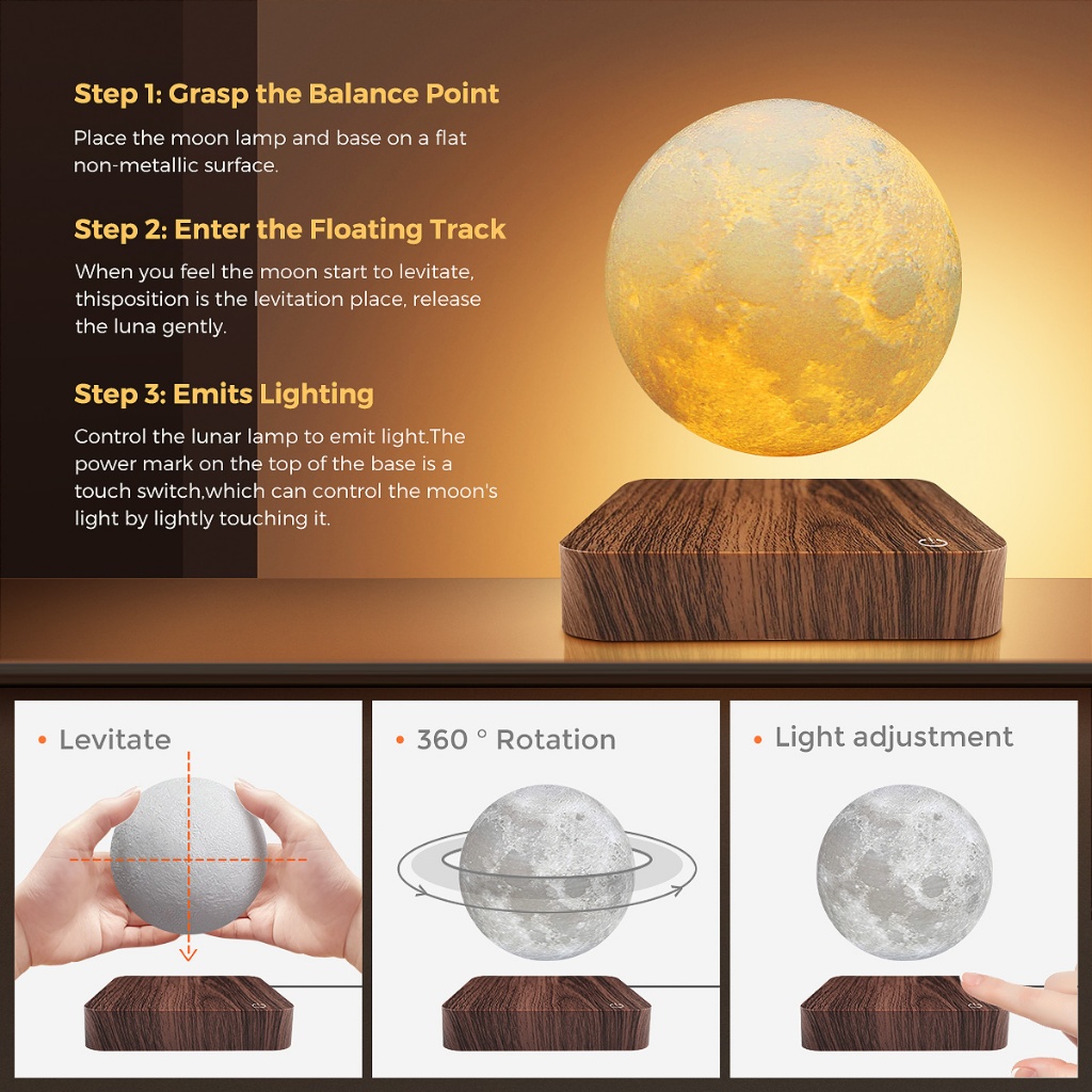 Levitating Moon Table Lamp Magnetic Floating Night Light With 3 ...