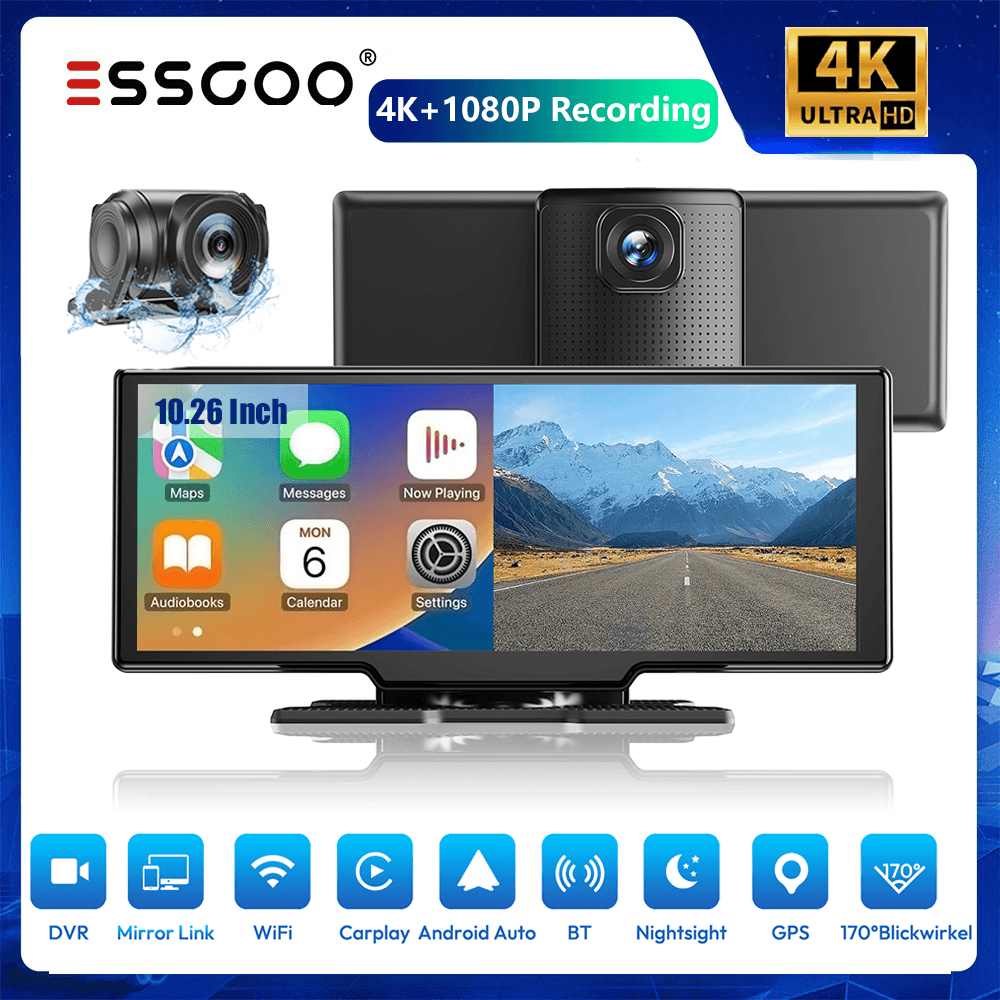 ESSGOO 10.26 inch In Car DVR Dash Cam 4K Carplay Android Auto Touch ...