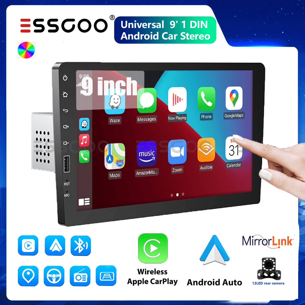 ESSGOO Universal Android Car Stereo Player Head unit 1 Din 9 inch carplay&android auto MP5 ...
