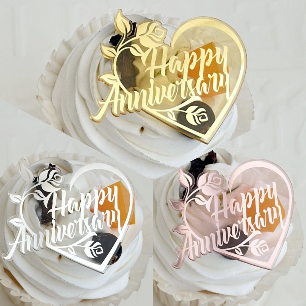 12 Pieces Happy Anniversary Cupcake Toppers, Heart Shape Acrylic Cake ...