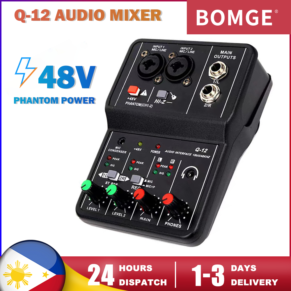 BOMGE Q-12 2 Channels Audio Mixer Sound Mixing Console,USB 48V Phantom ...