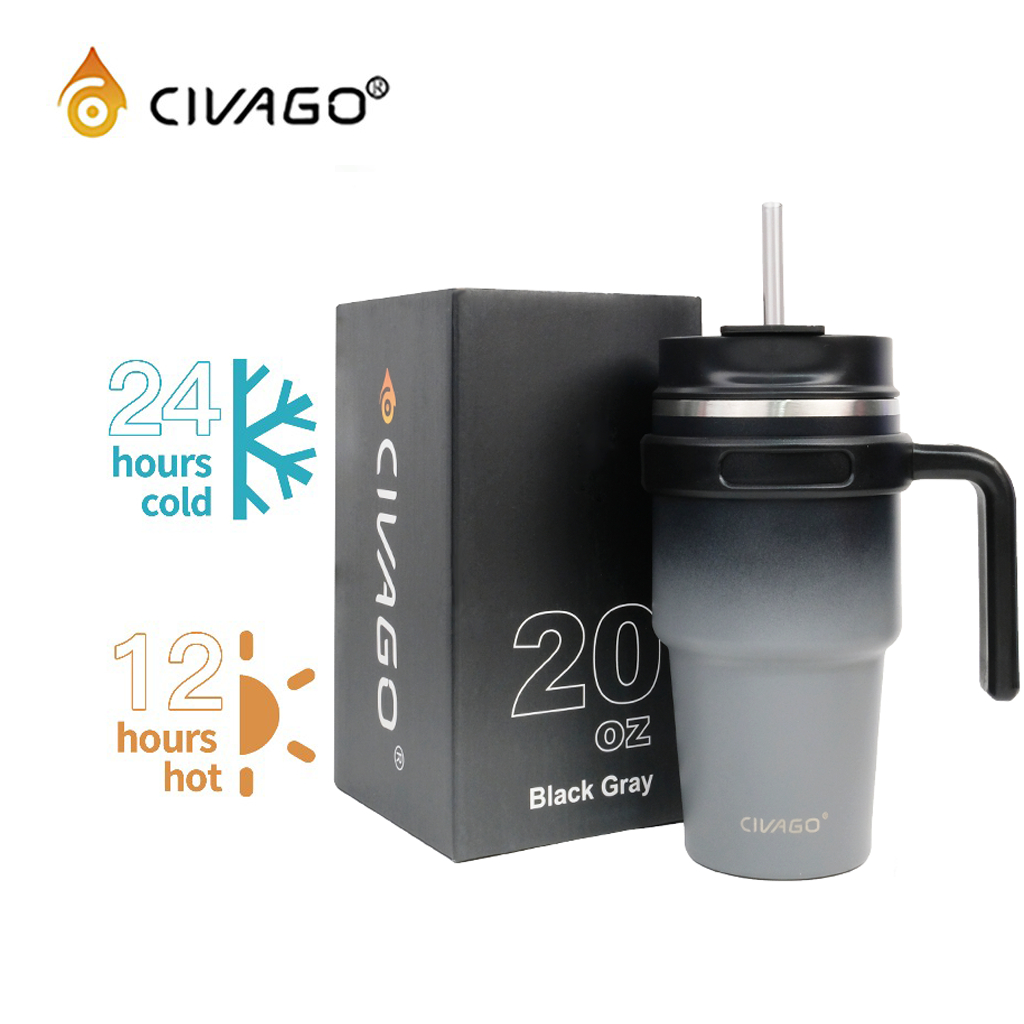 CIVAGO（20oz）Vacuum Insulated Tumbler with Straw and Handle 590ML Leakproof Water Bottle Jug ...