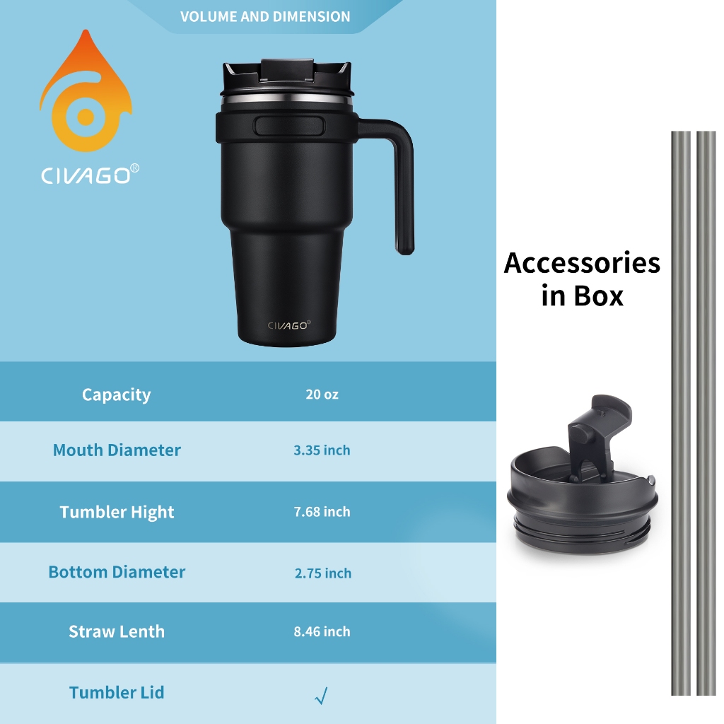 CIVAGO（20oz）Vacuum Insulated Tumbler with Straw and Handle 590ML ...