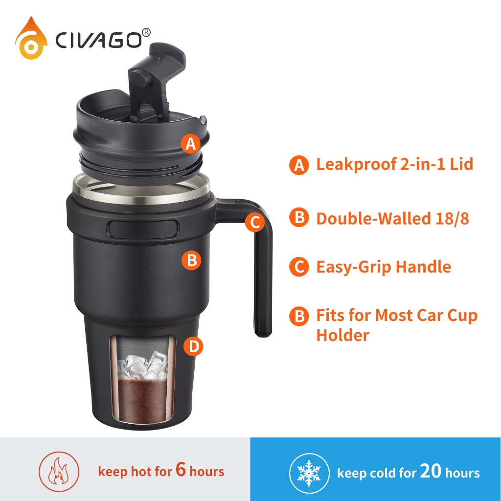 CIVAGO（20oz）Vacuum Insulated Tumbler with Straw and Handle 590ML ...