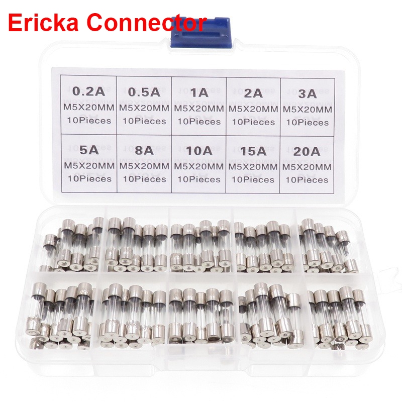 100Pcs Glass Fuse 5x20mm Quick Blow Glass Tube Fuse Assorted Kit 0.2A 0.5A 1A 2A 3A 5A 10A 15A ...