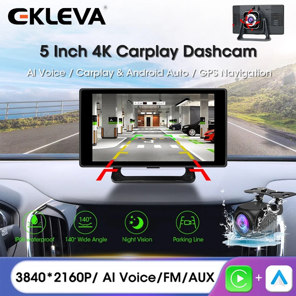 EKLEVA 5" 4K Car DVR Carplay Android Auto Dash cam Dual Bluetooth 1080P ...