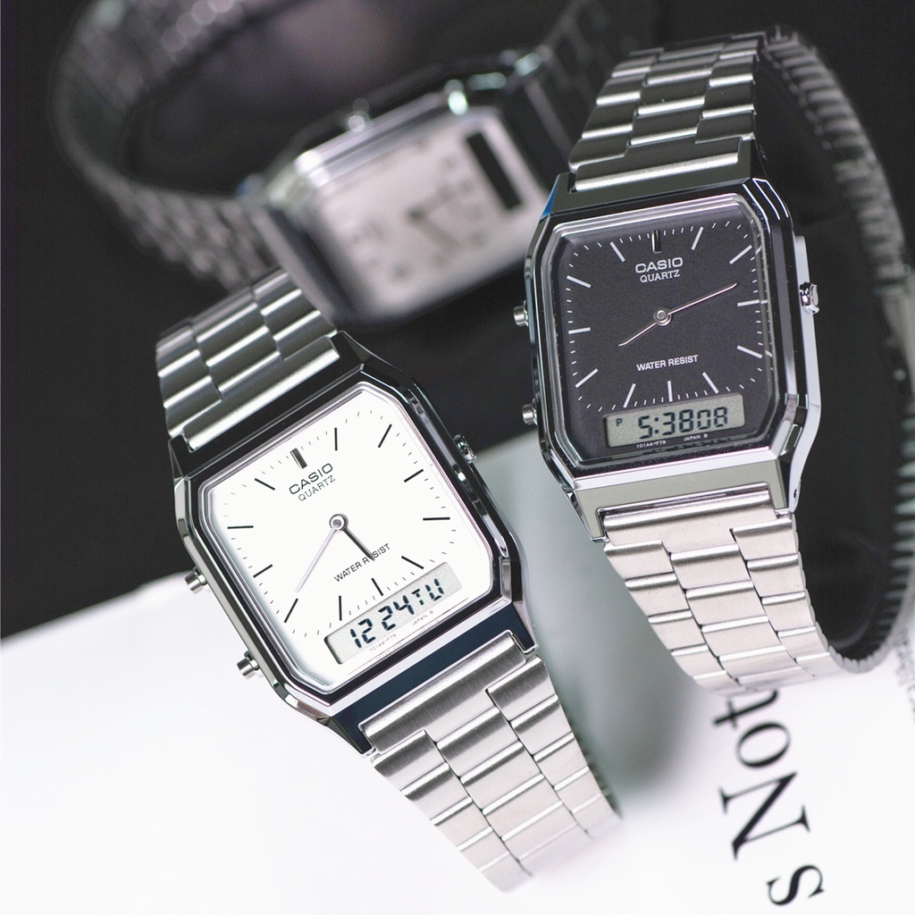 Vintage AQ-230 Gold/Black/Silver Line 30 Meter Dual Time Quartz Watch ...